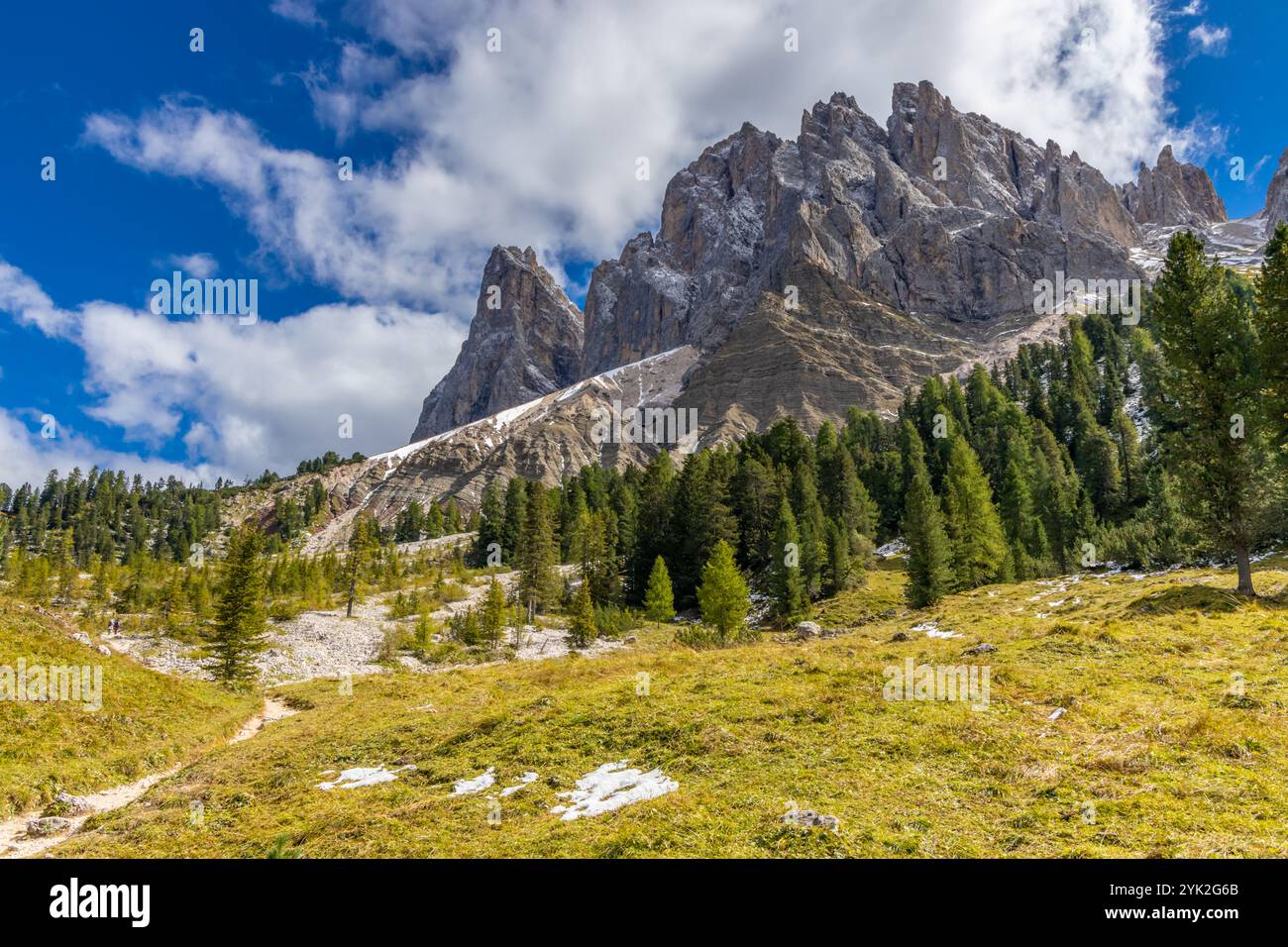 Puez Odle in the Dolomites scenic landscape with rugged peaks, alpine ...