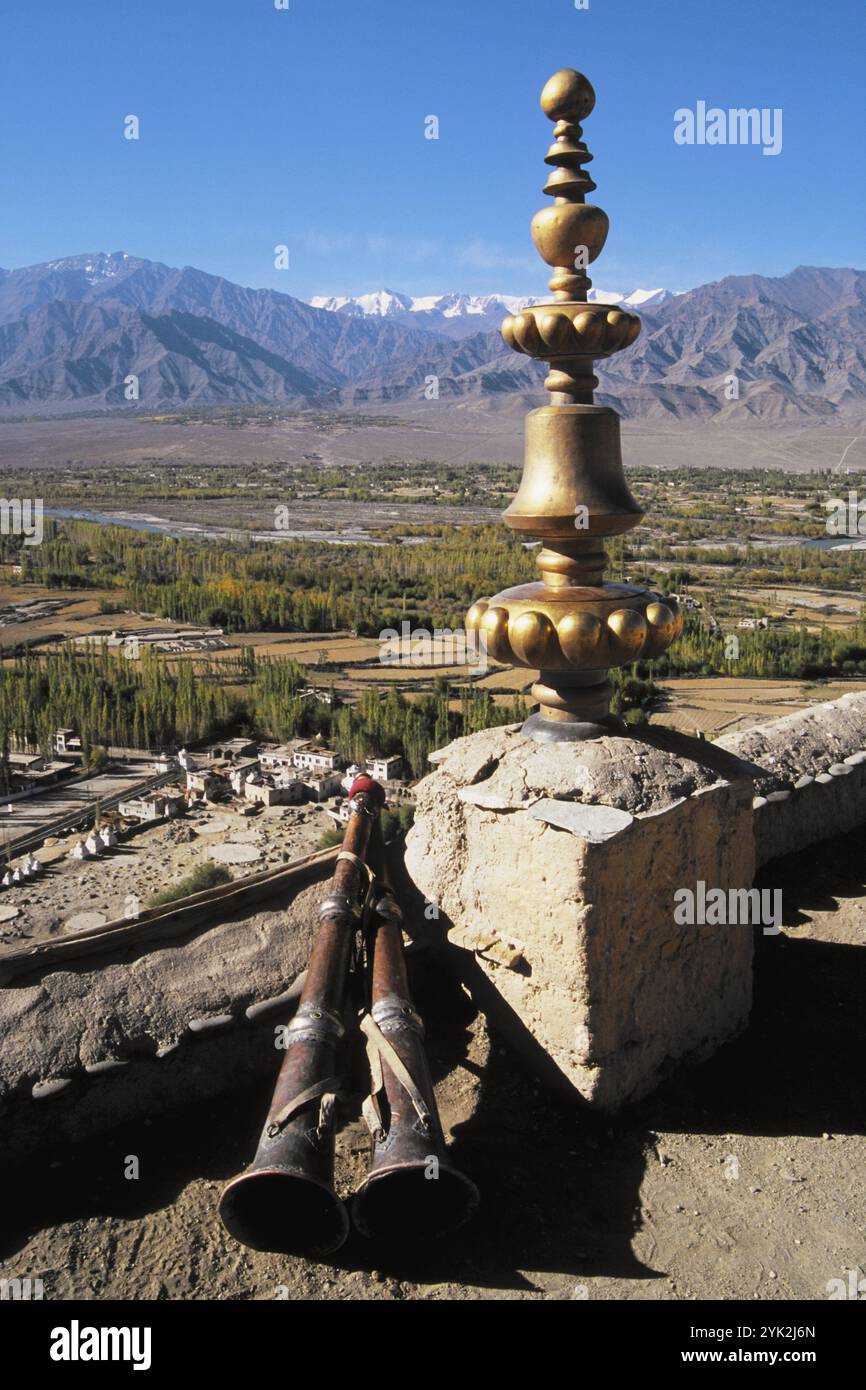 Tikse Gompa tibetan buddhist monastery, roof ornament, trumpets ...