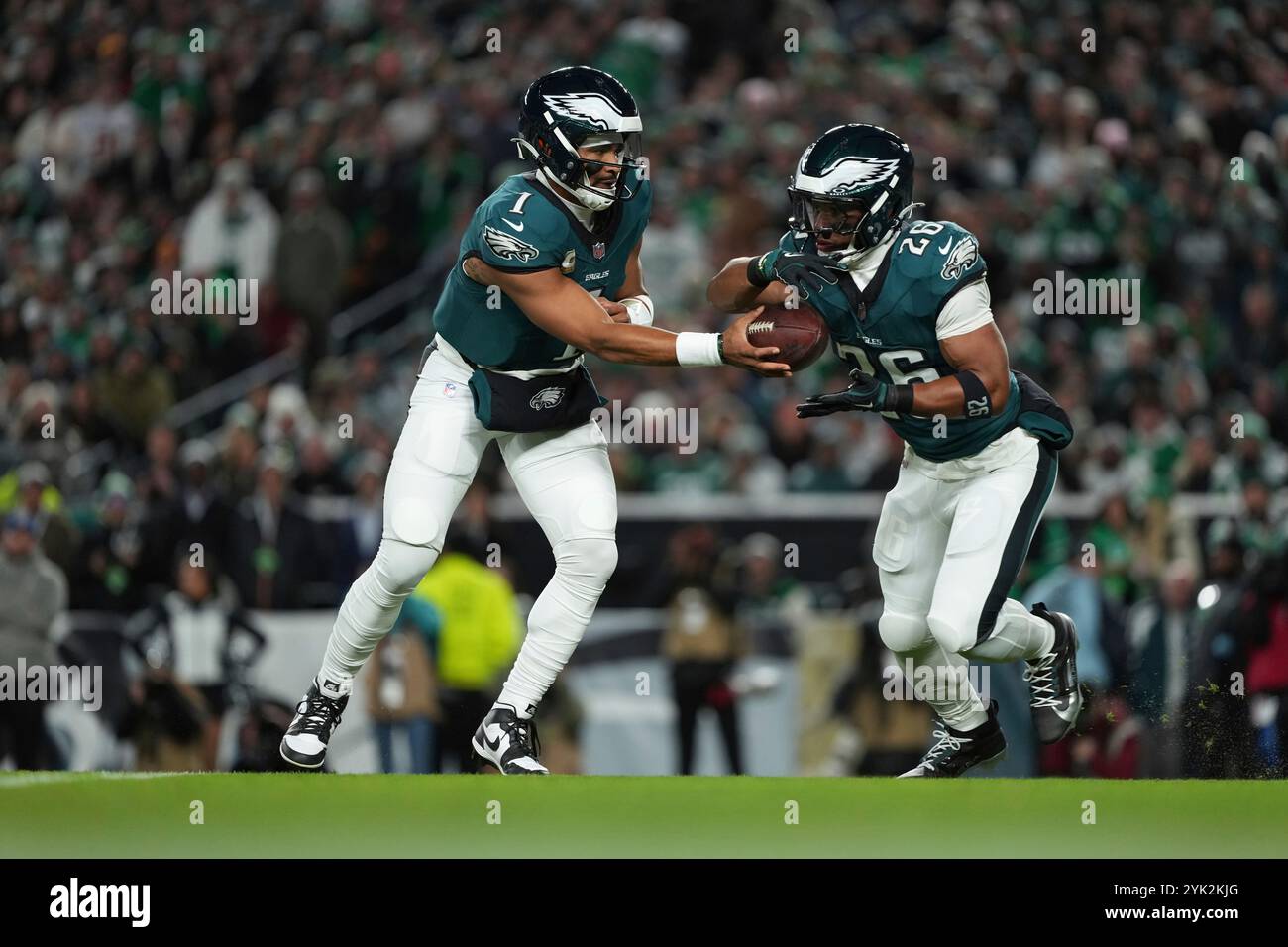 Philadelphia Eagles' Jalen Hurts and Saquon Barkley play during an NFL ...