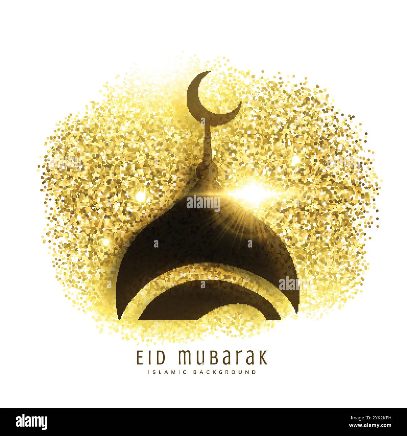 mosque design on golden glitter, eid mubarak greeting background Stock ...