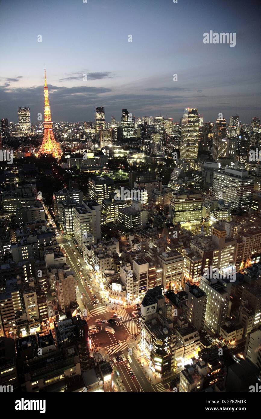 Japan, Tokyo, skyline at night, general aerial view, Tokyo Tower Stock ...
