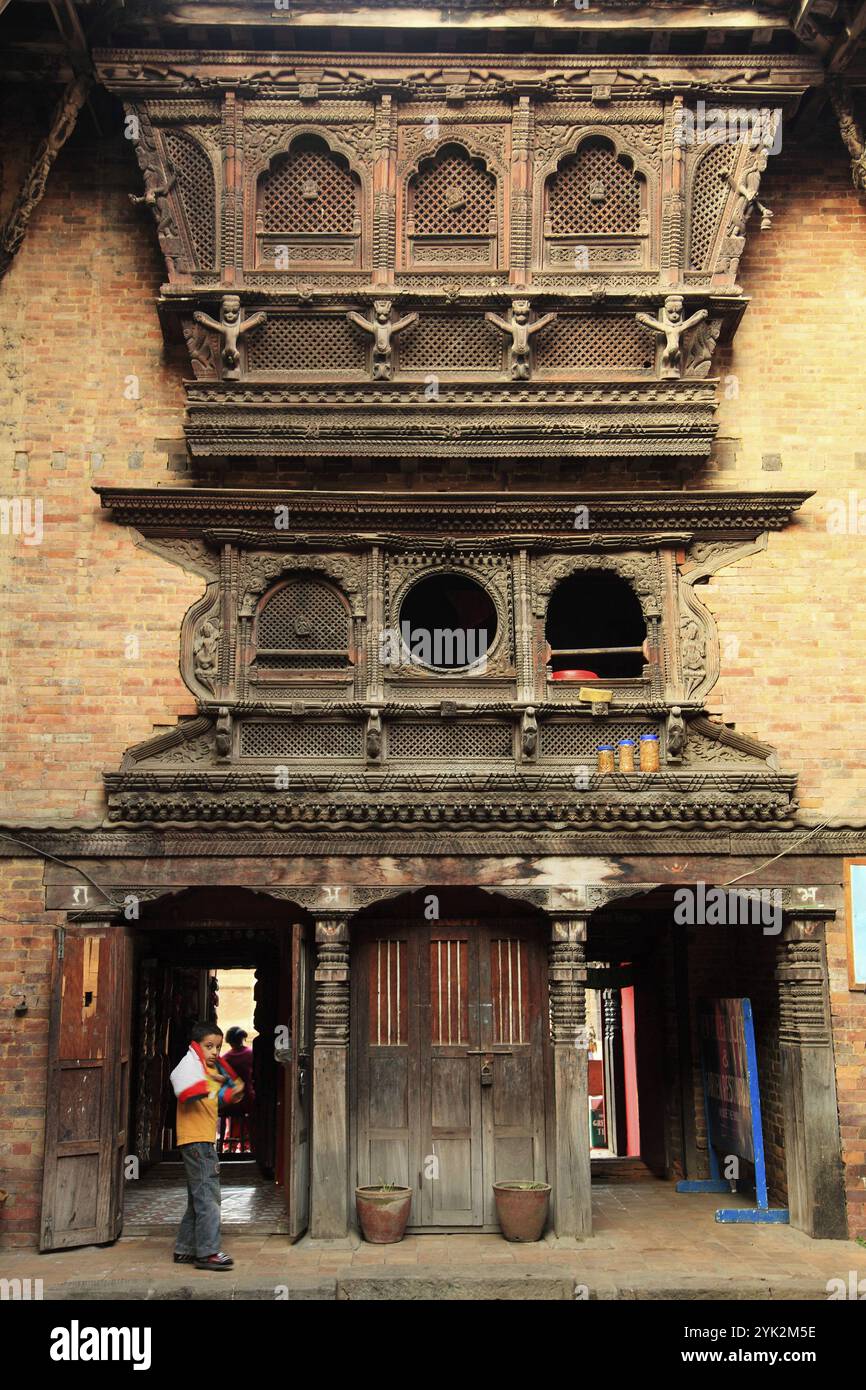 Nepal, Kathmandu Valley, Bhaktapur, Pujari Math, carved windows Stock ...