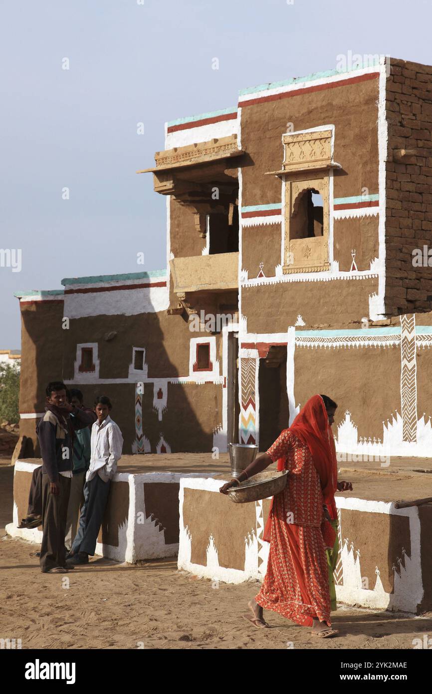 India, Rajasthan, Jaisalmer, traditional painted house, people Stock ...
