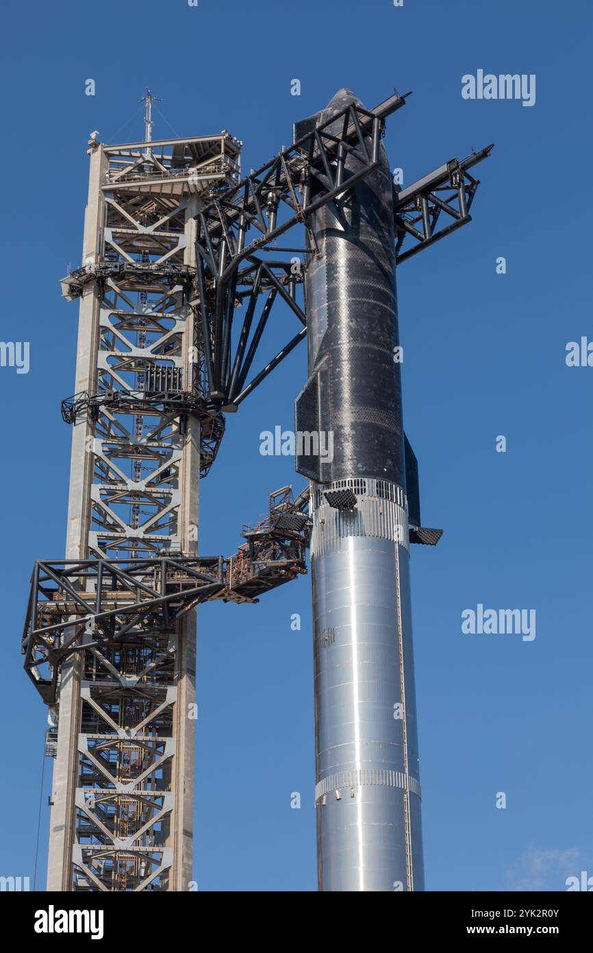 Current and closeup views of SpaceX Starship IFT-6 fully stacked ready ...