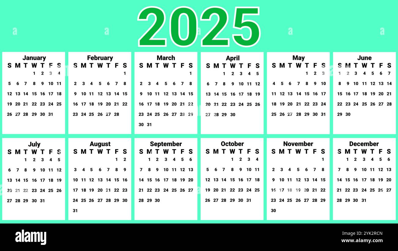 Calendar 2025 with green theme and white background to each month Stock ...