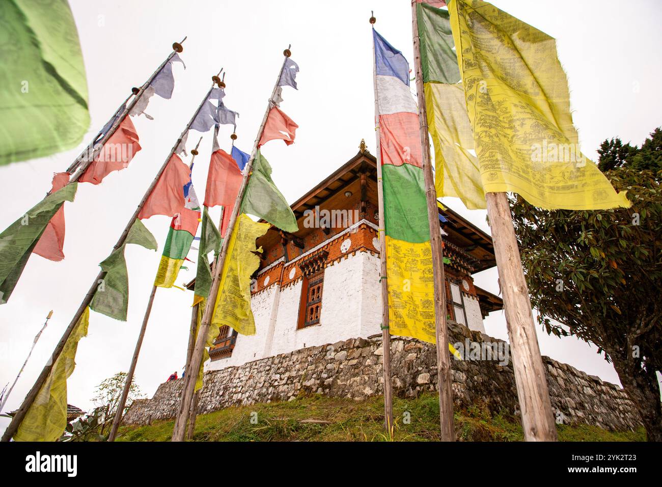 Buddhist prayer flags at Lungchutse Temple, which is located at an ...