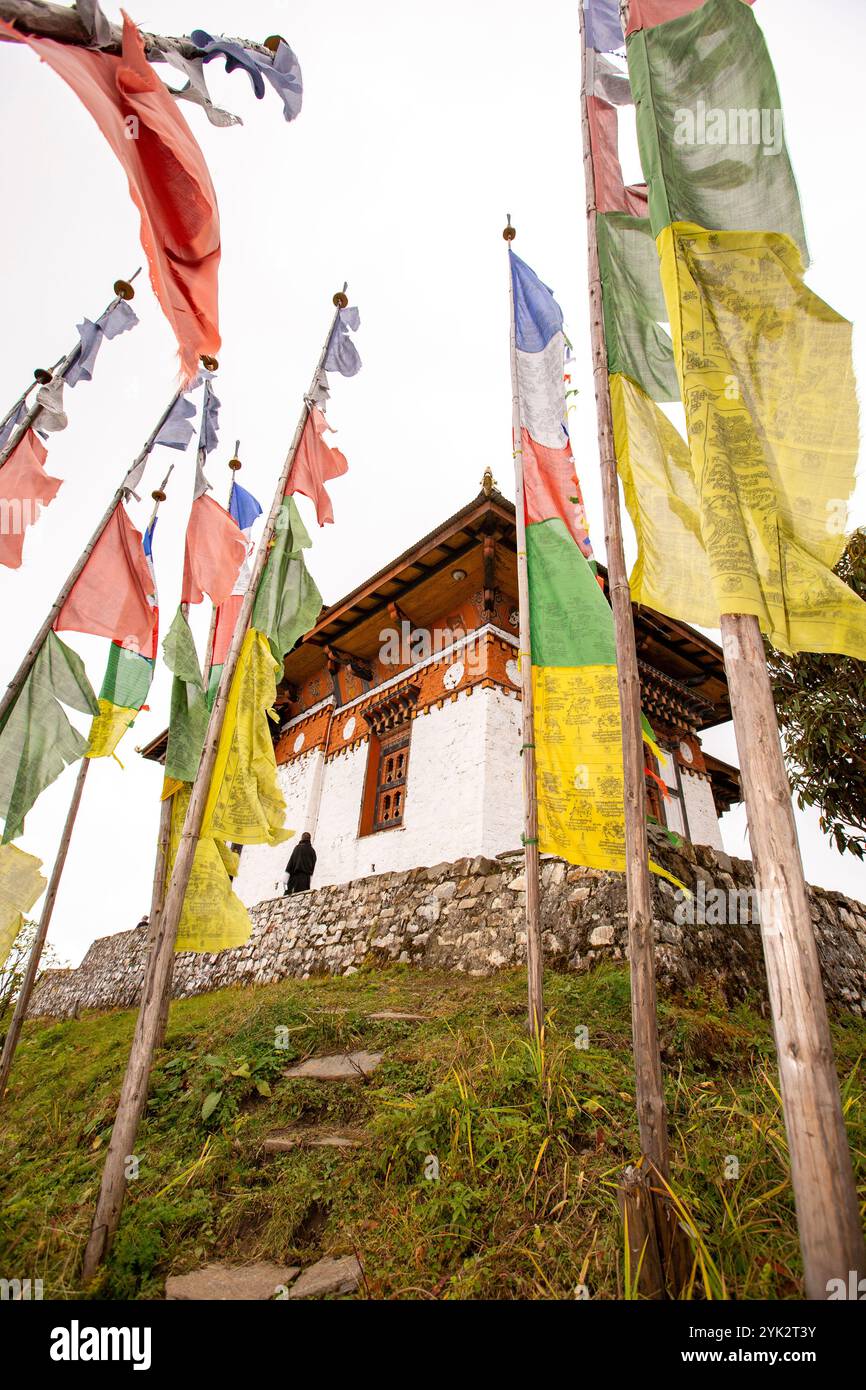 Buddhist prayer flags at Lungchutse Temple, which is located at an ...