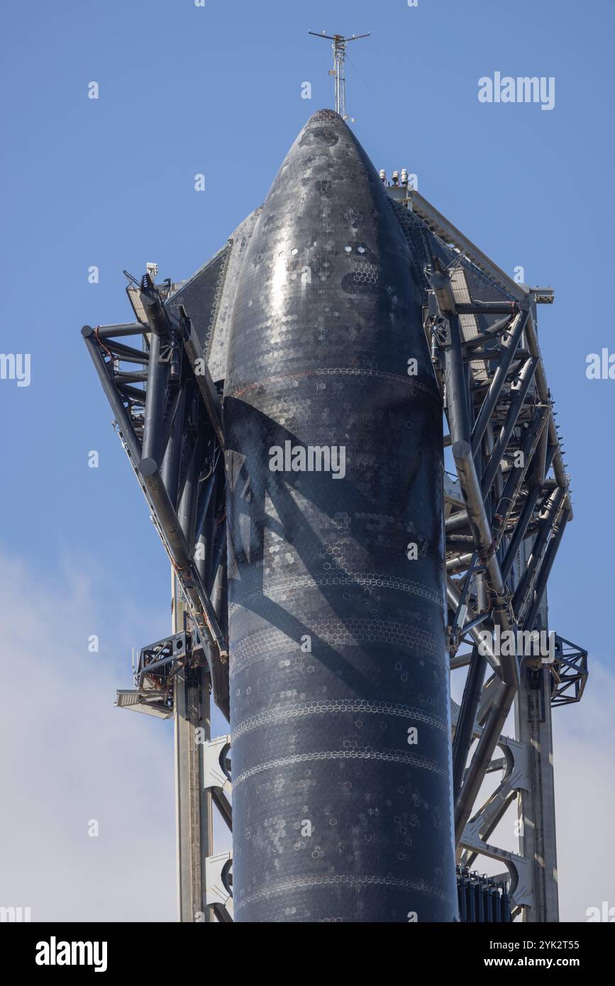 Current and closeup views of SpaceX Starship IFT-6 fully stacked ready ...
