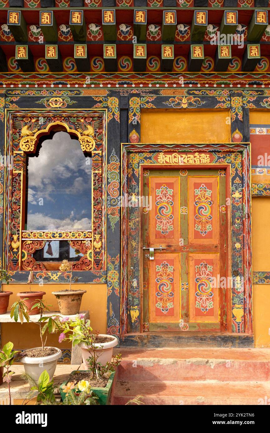 Colourfully decorated door and window frames, Tashigang Gonpa temple ...