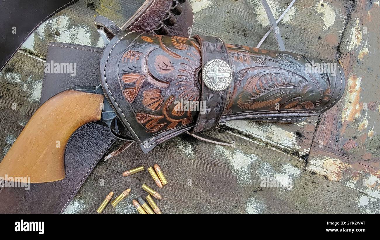 Close up of a leather holster with a revolver, western style Stock ...