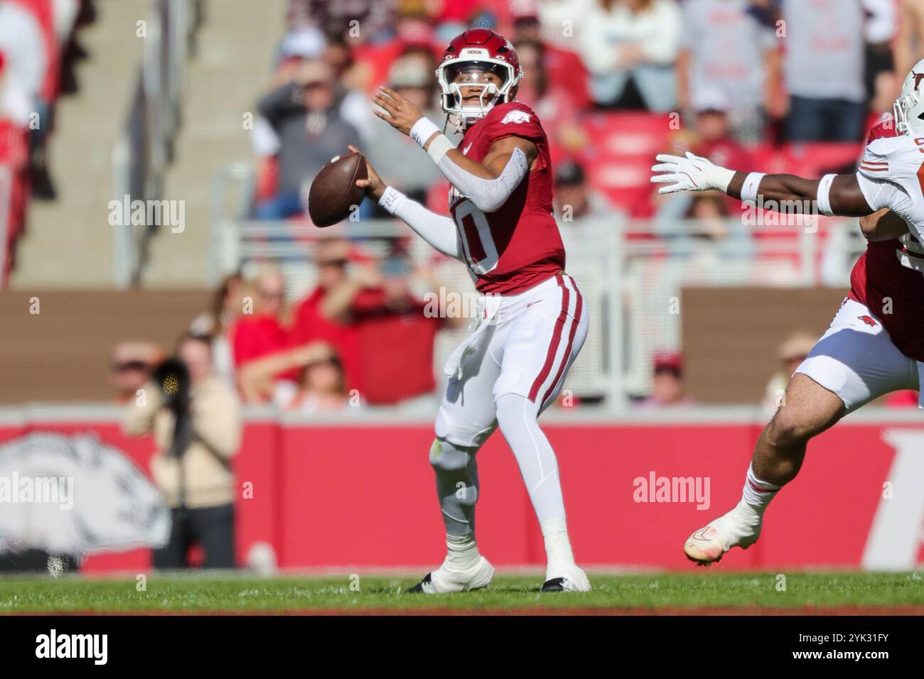 November 16, 2024: Razorback QB Taylen Green #10 prepares to release ...