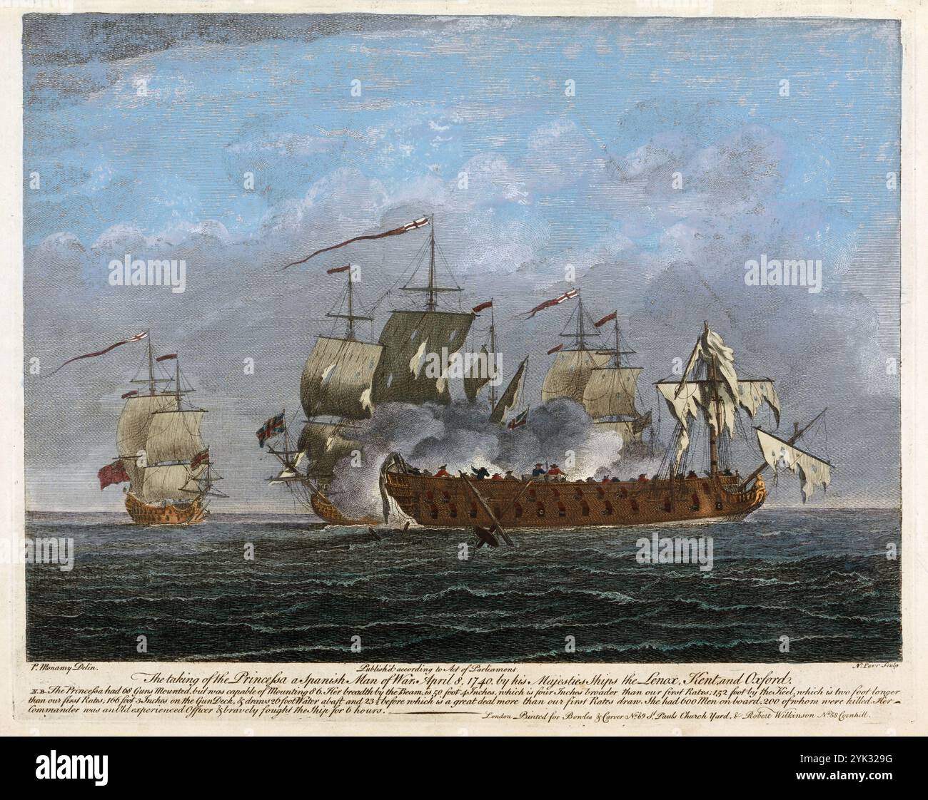 Watercoloured engraving of The taking of the Princess a Spanish Man of ...