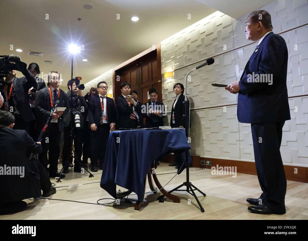 Japanese Prime Minister Shigeru Ishiba speaks to media during APEC (Asia-Pacific Economic ...