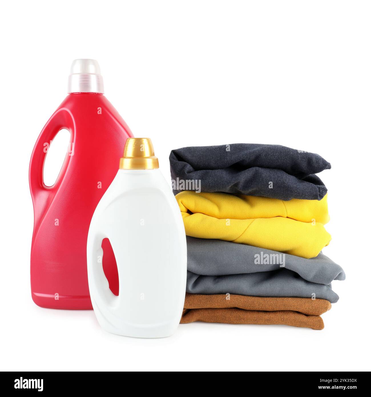 Laundry detergent in bottles and clothes isolated on white Stock Photo ...