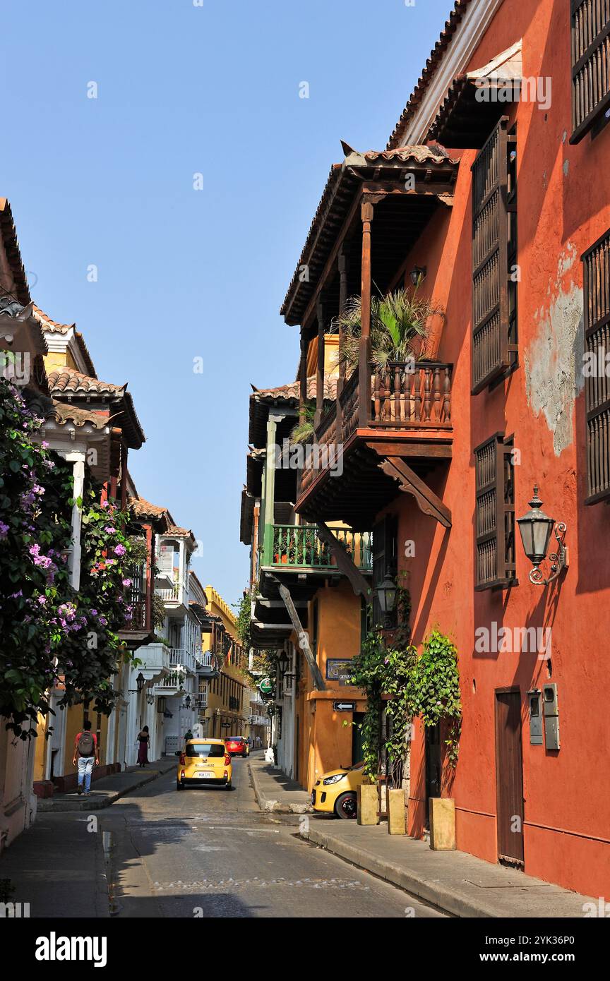 typical street in the downtown colonial walled city, Cartagena ...