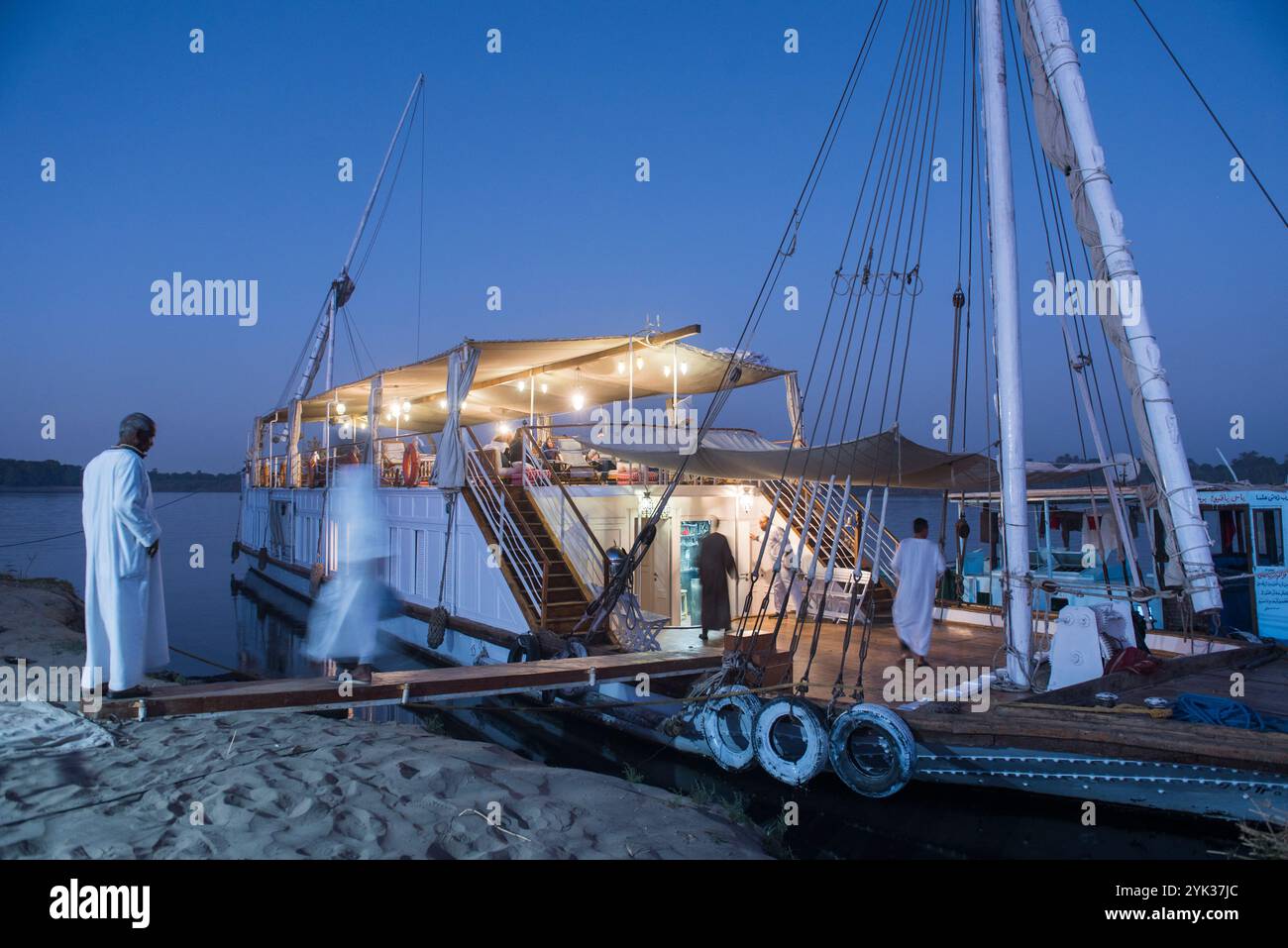 Dahabeah, passenger river boat of the Lazuli fleet, moored on the bank ...