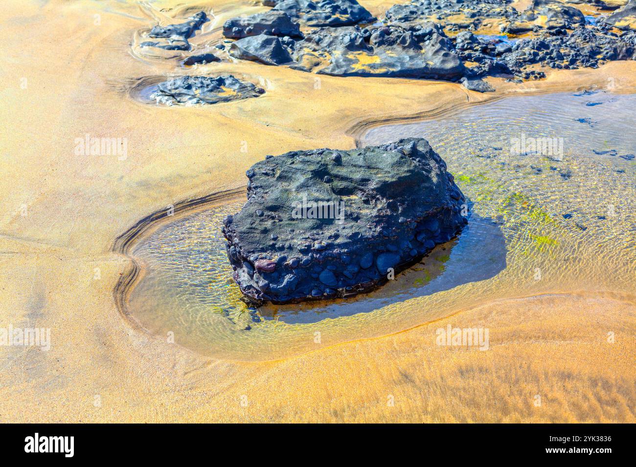 Large dark rock partially submerged in shallow water on a sandy beach ...