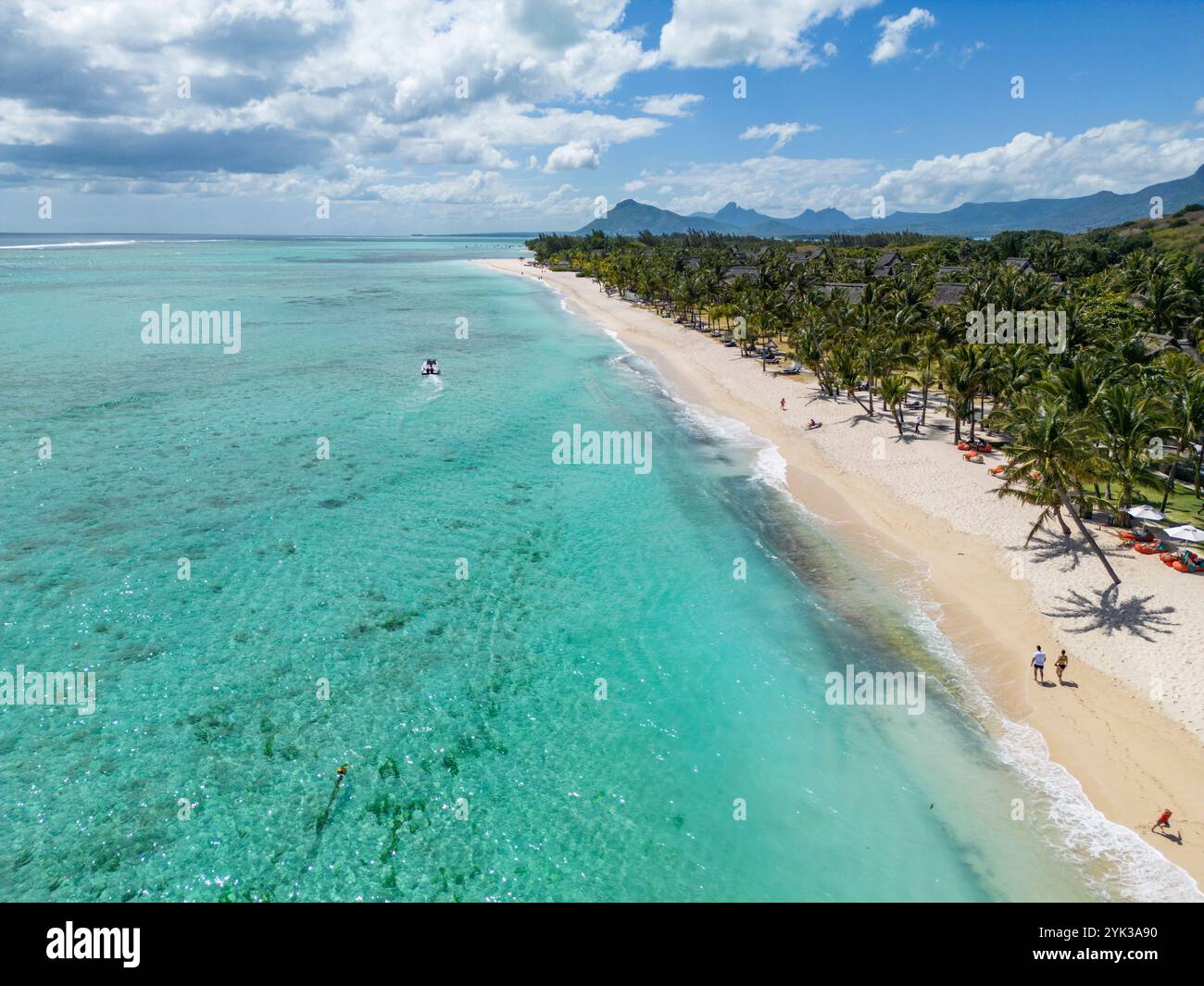 Aerial view of lagoon and beach at Dinarobin Beachcomber Golf Resort ...