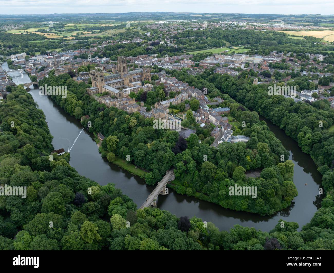 An aerial view of the Durham Cathedral, castle and river Wear in Durham ...