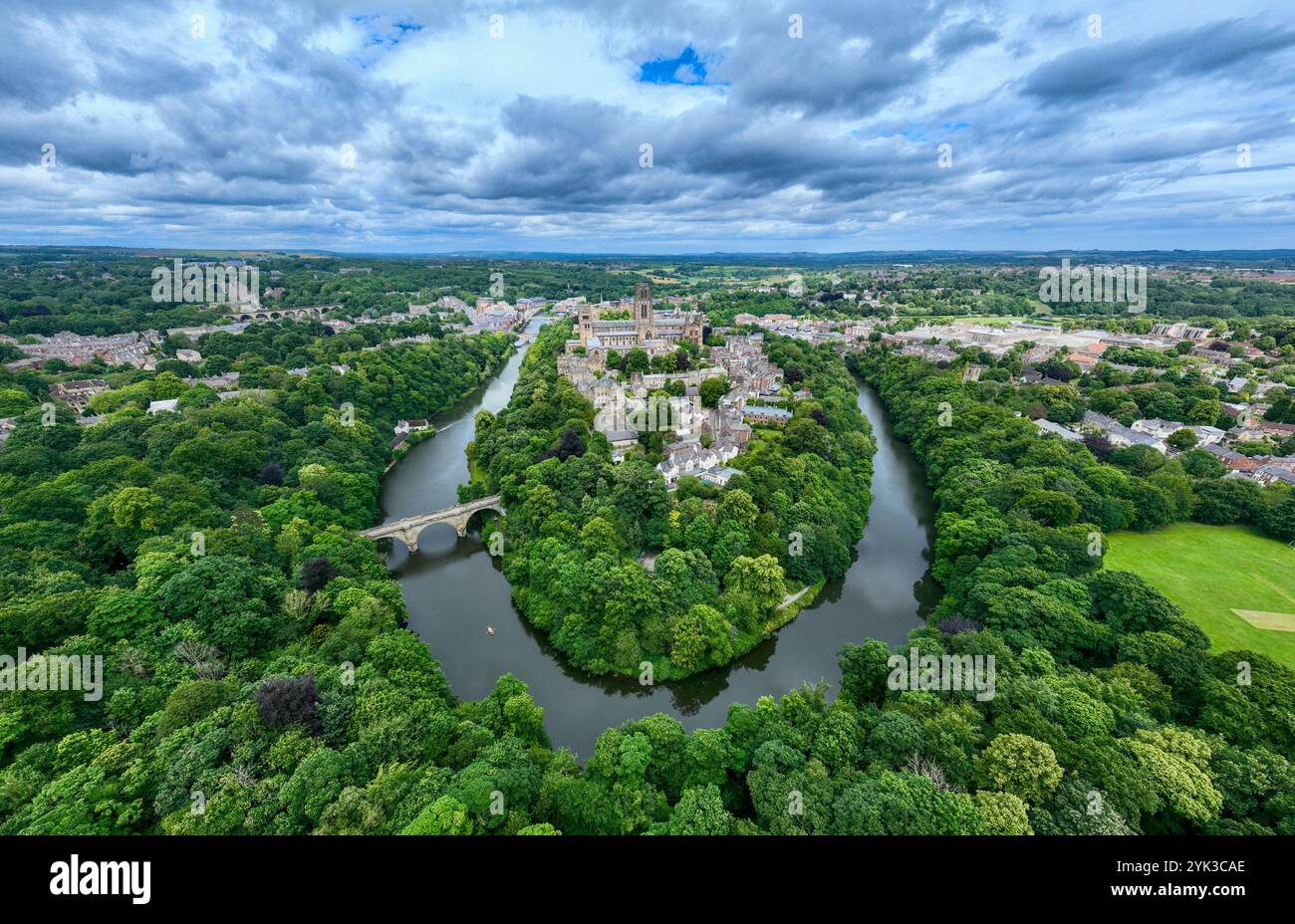 An aerial view of the Durham Cathedral, castle and river Wear in Durham ...