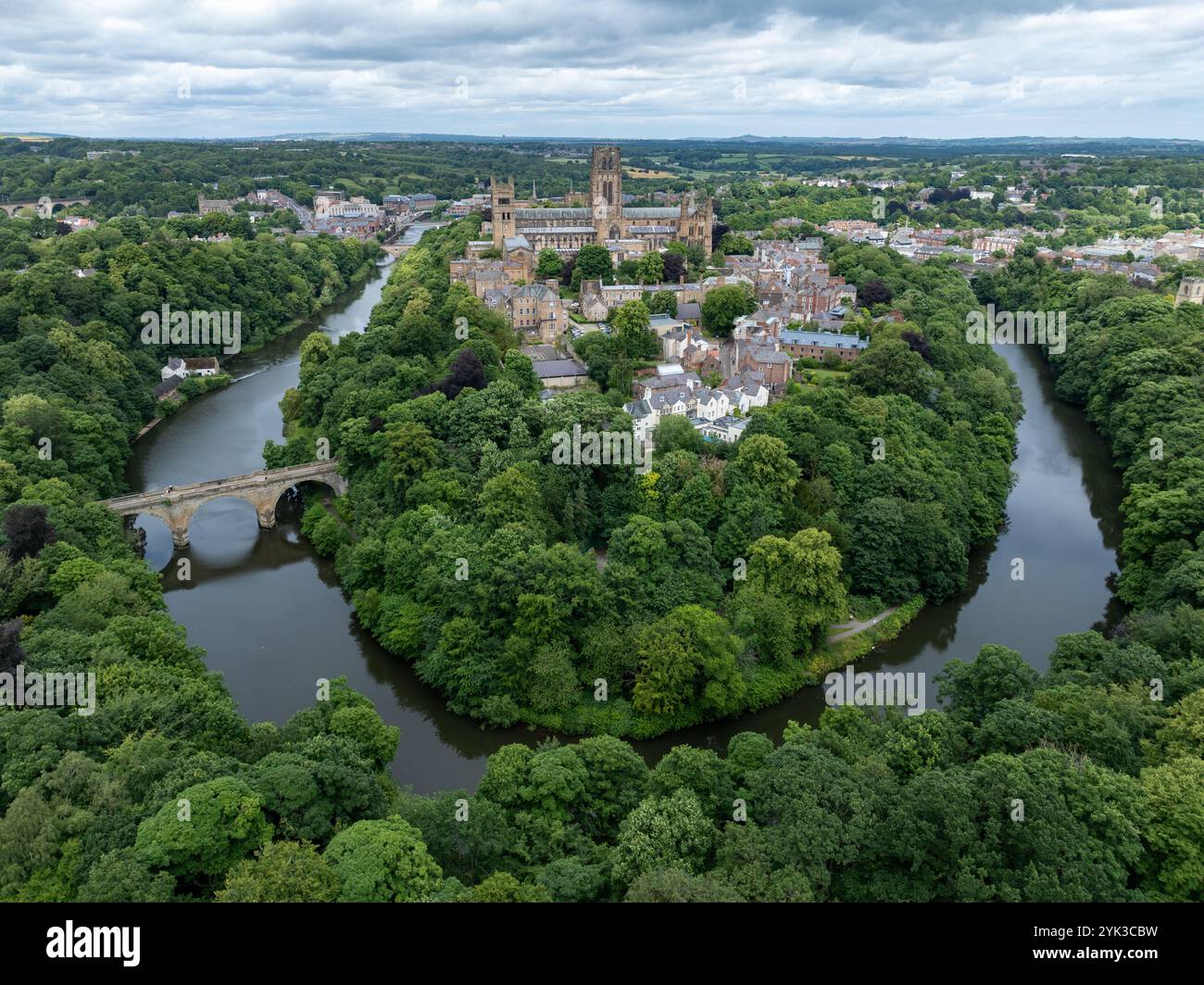 An aerial view of the Durham Cathedral, castle and river Wear in Durham ...