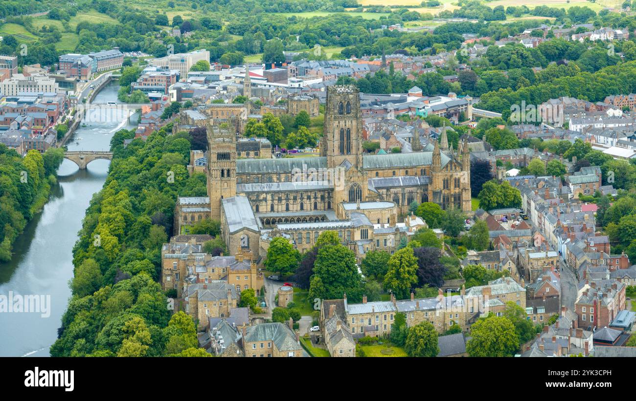An aerial view of the Durham Cathedral, castle and river Wear in Durham ...