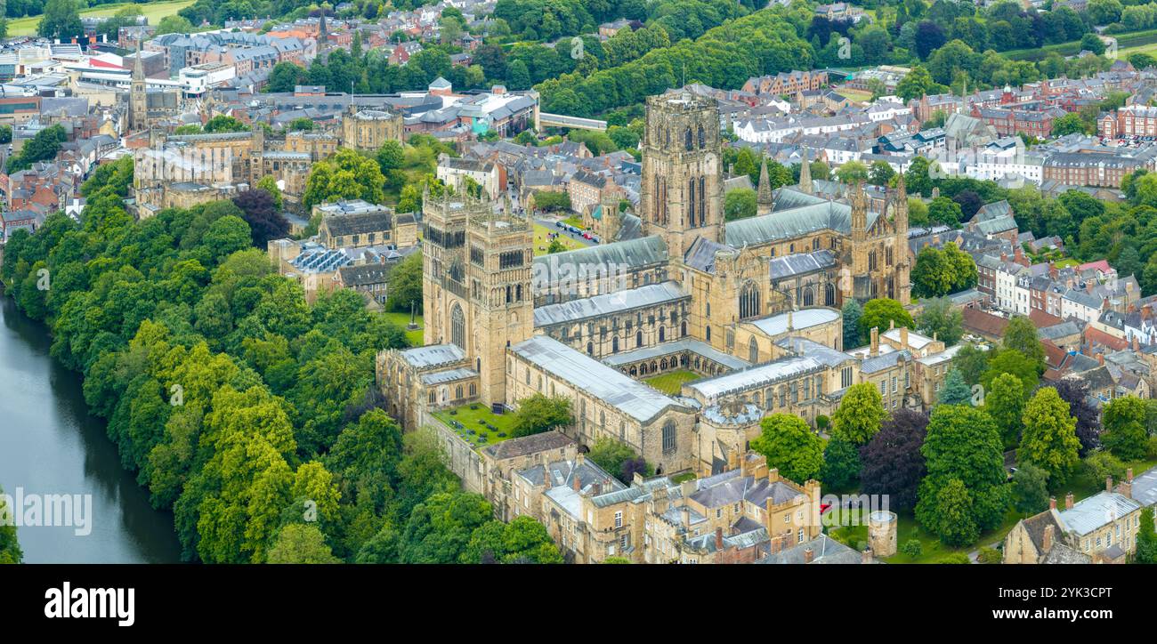 An aerial view of the Durham Cathedral, castle and river Wear in Durham ...