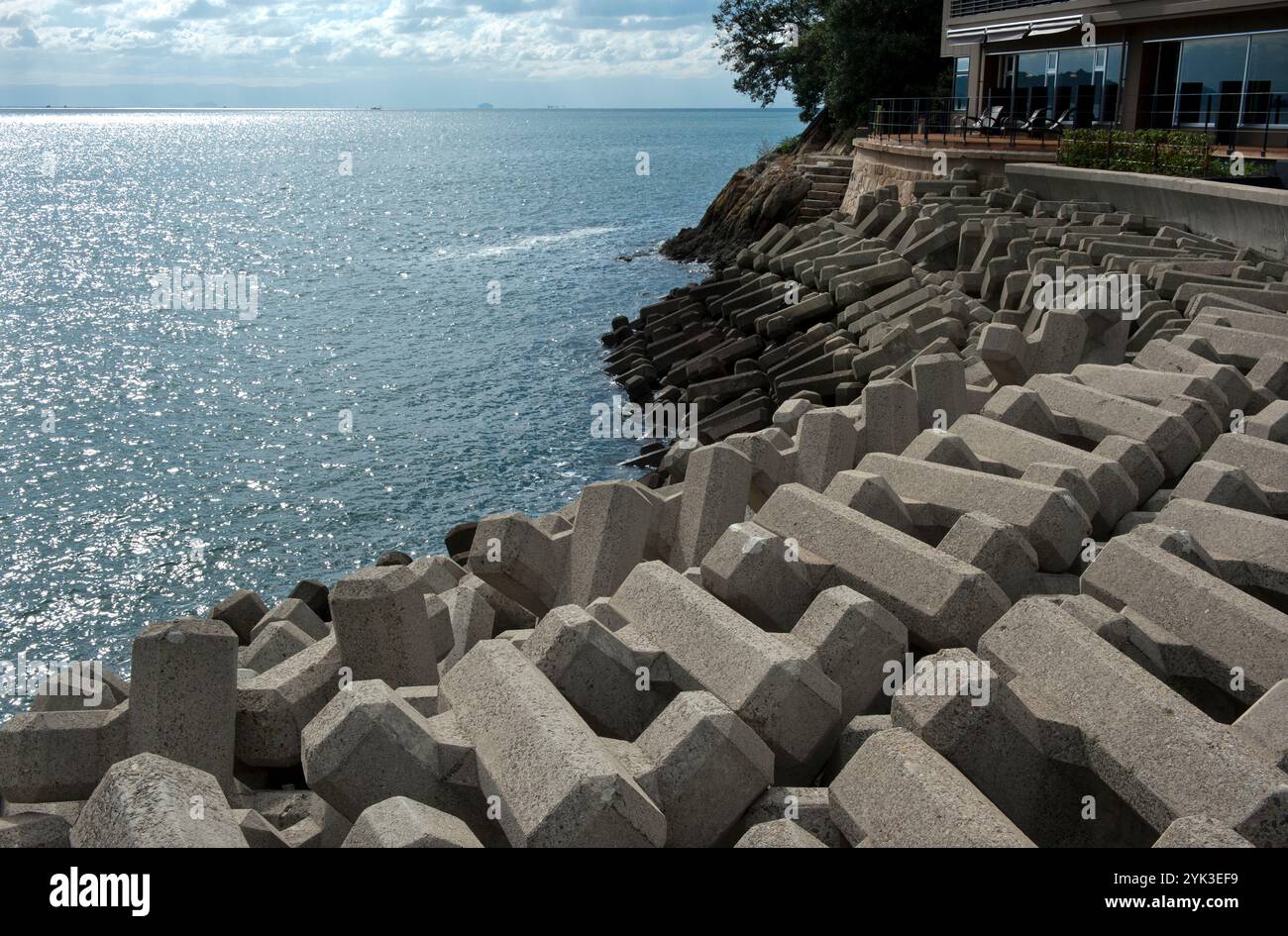 Concrete tetrapod shapes piled along the shoreline as a tsunami barrier ...