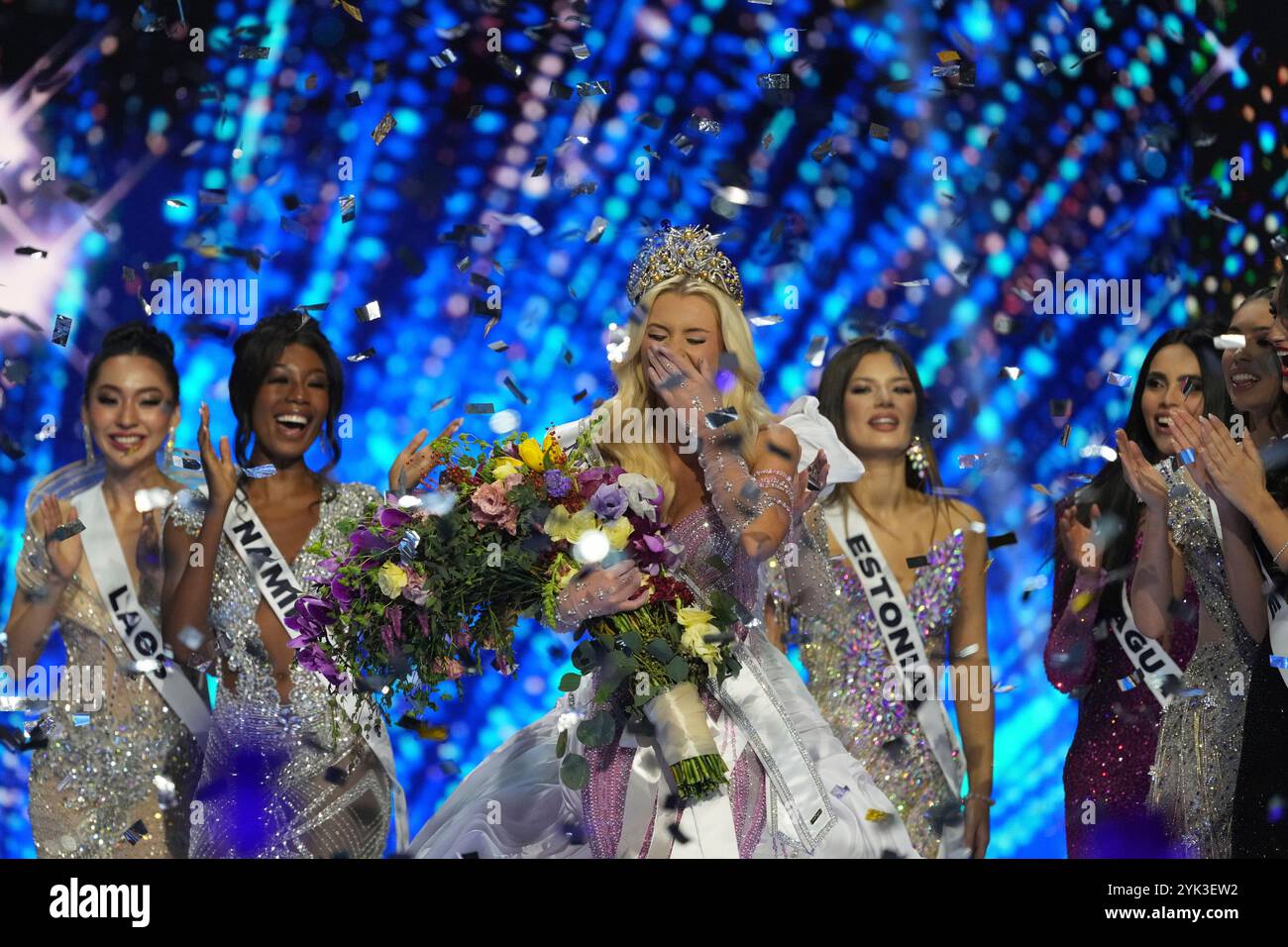 Miss Denmark Victoria Kjær Theilvig, center, reacts after winning the ...