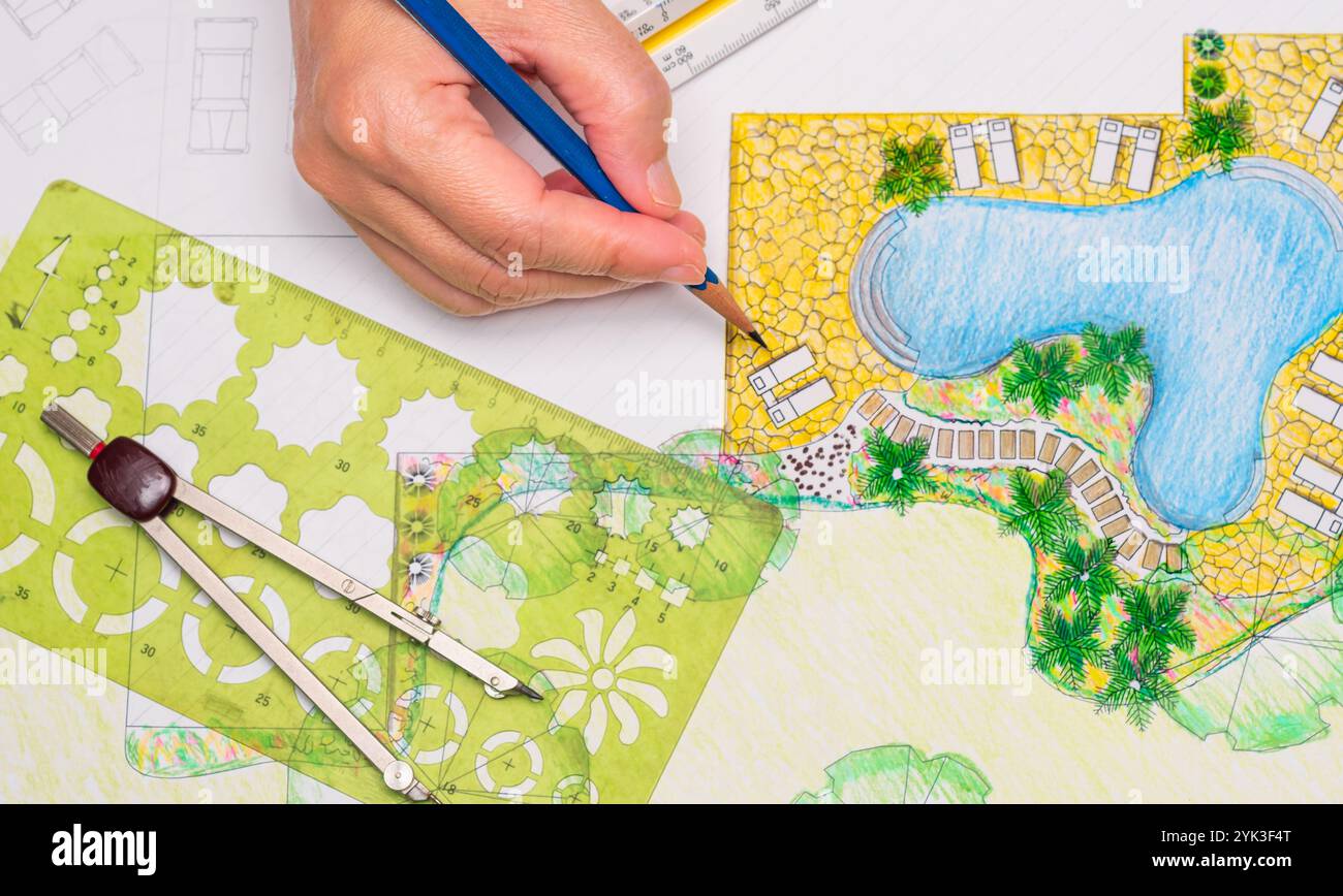 Landscape architect student learning garden plan design Stock Photo - Alamy