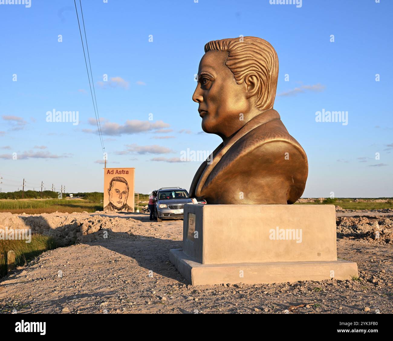 A bust of Elon Musk was erected along Highway 4 just outside of ...