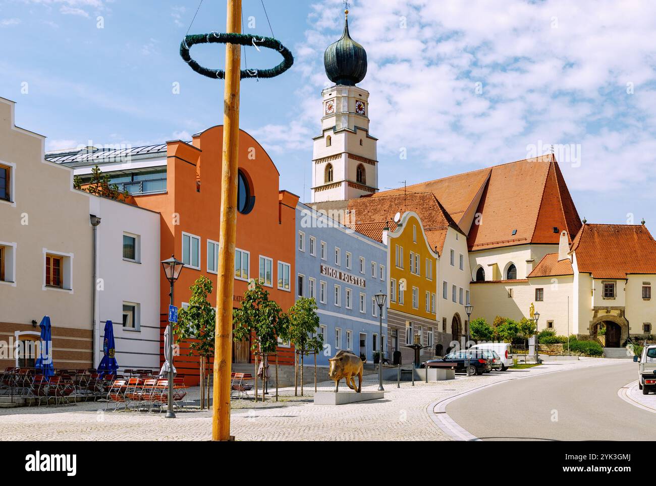 Market square with bronze sculpture of a wild boar "Lucky Boar" by ...