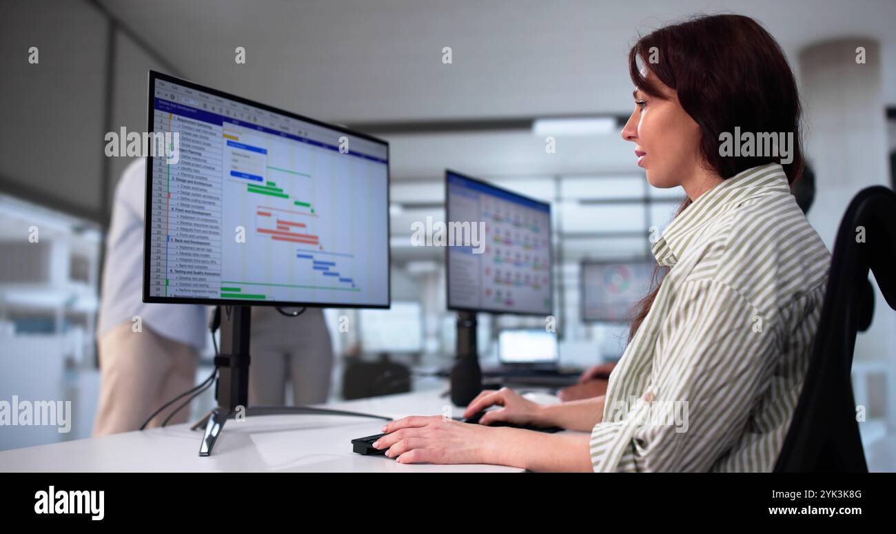 Businesspeople Analyzing Gantt Chart And Calendar On Computer In Office ...