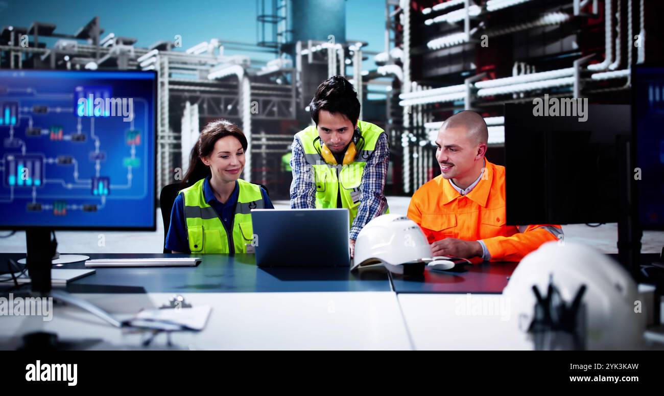 Oil And Gas Automation. Diverse Workers Using Control Computers Stock ...
