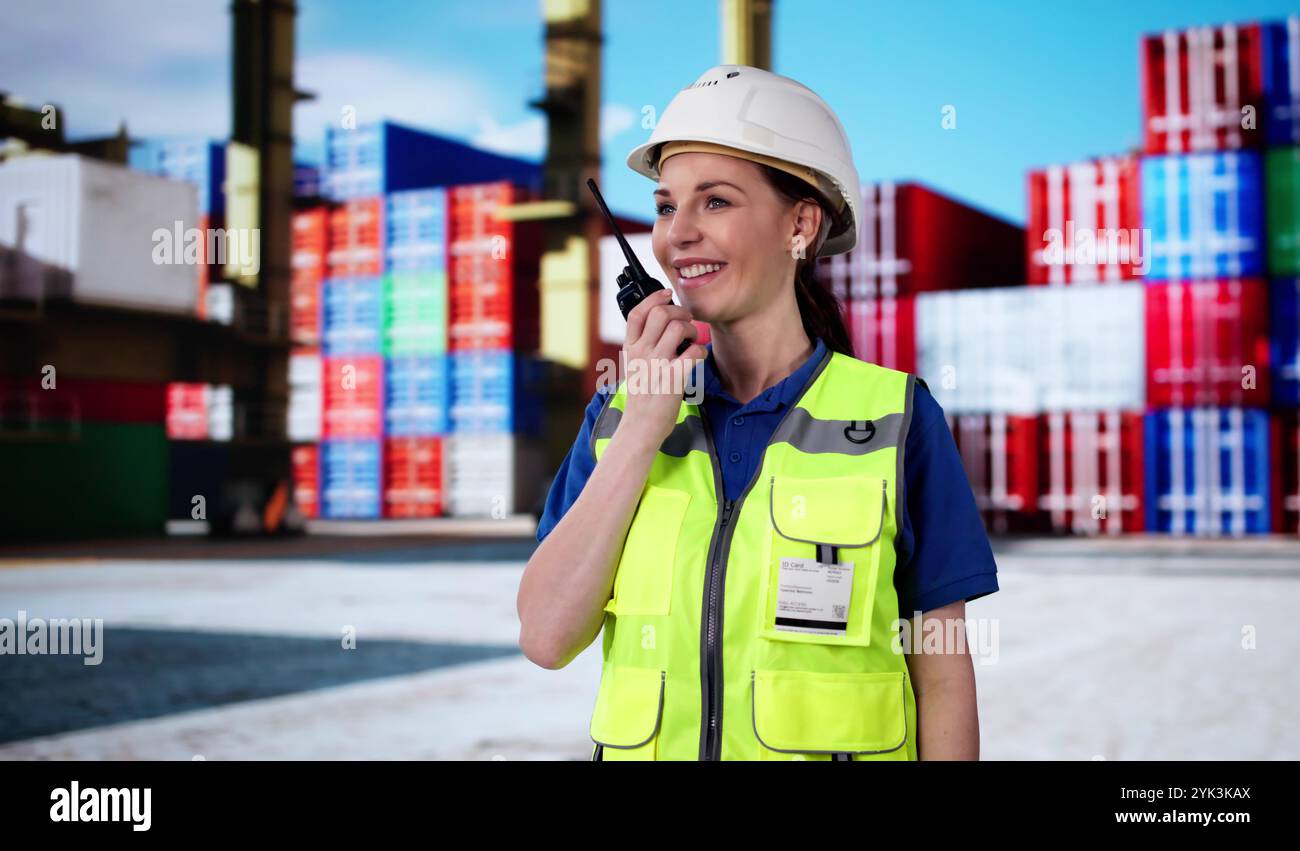 Trade Industry Worker Woman Portrait And Container Harbor Port Stock ...