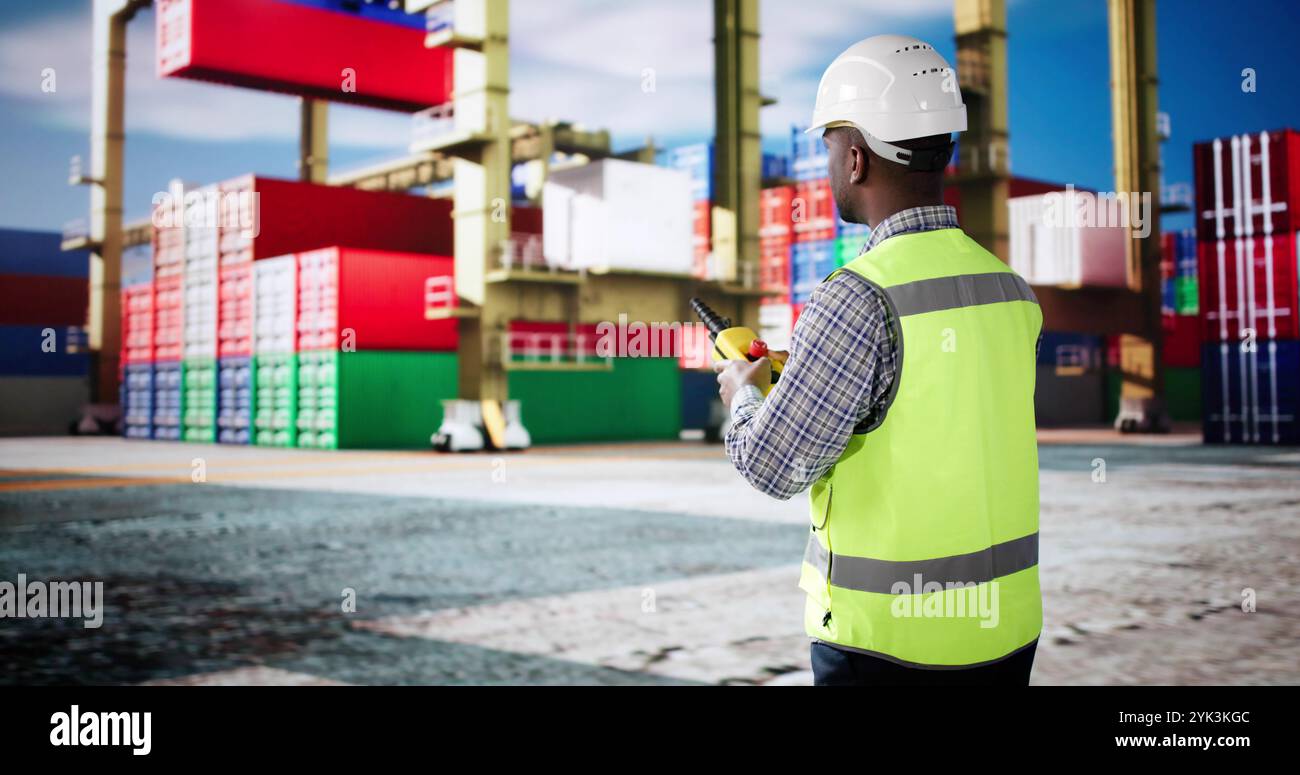 Freight Ship Container Port. Cargo Export Worker Stock Photo - Alamy