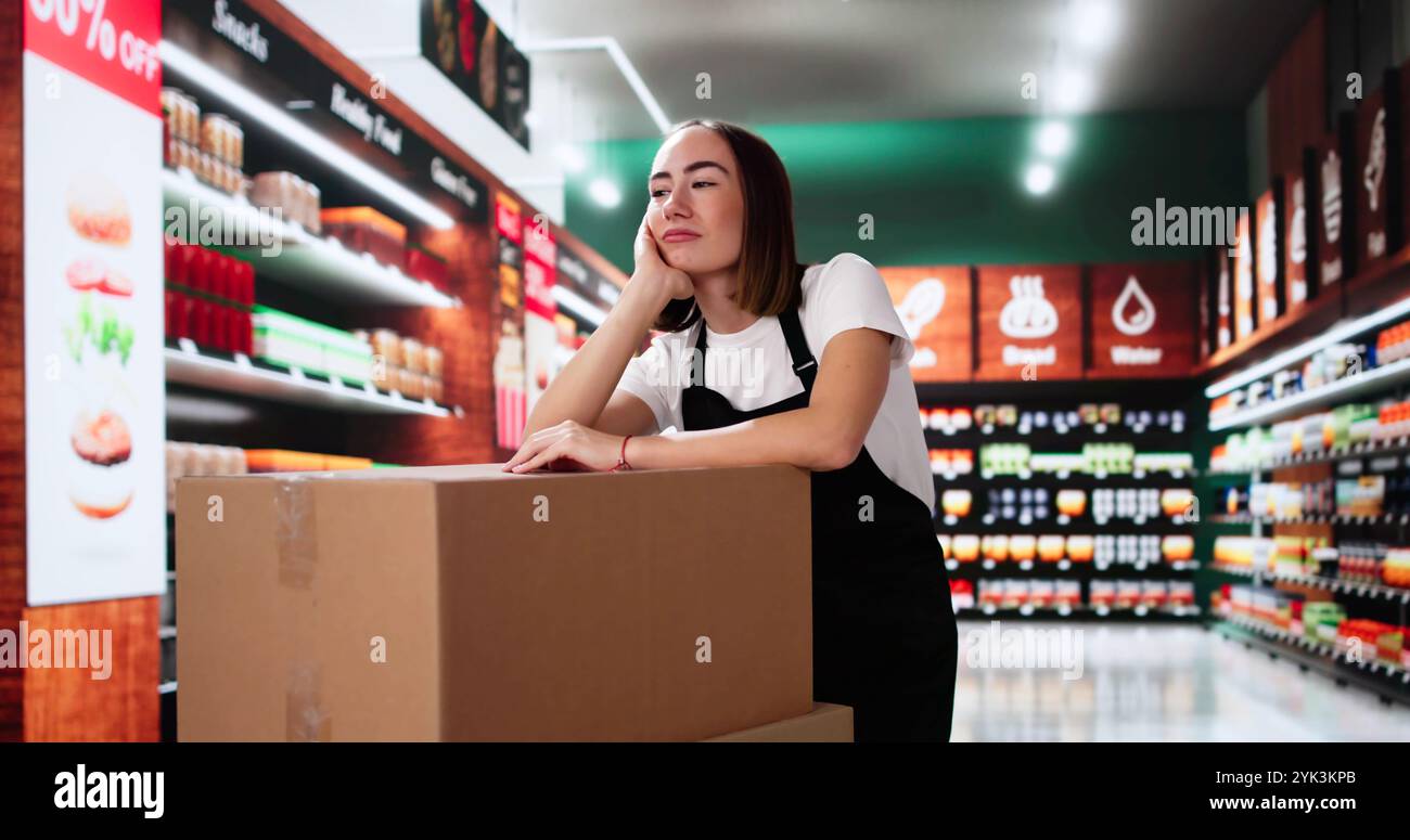 Sad Tired Supermarket Store Employee Worker. Grocery Shop Stock Photo ...
