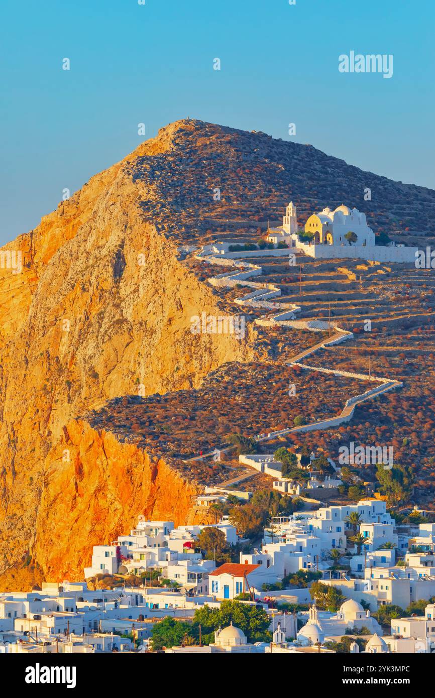 View of Chora village built on a cliff above the sea, Chora ...