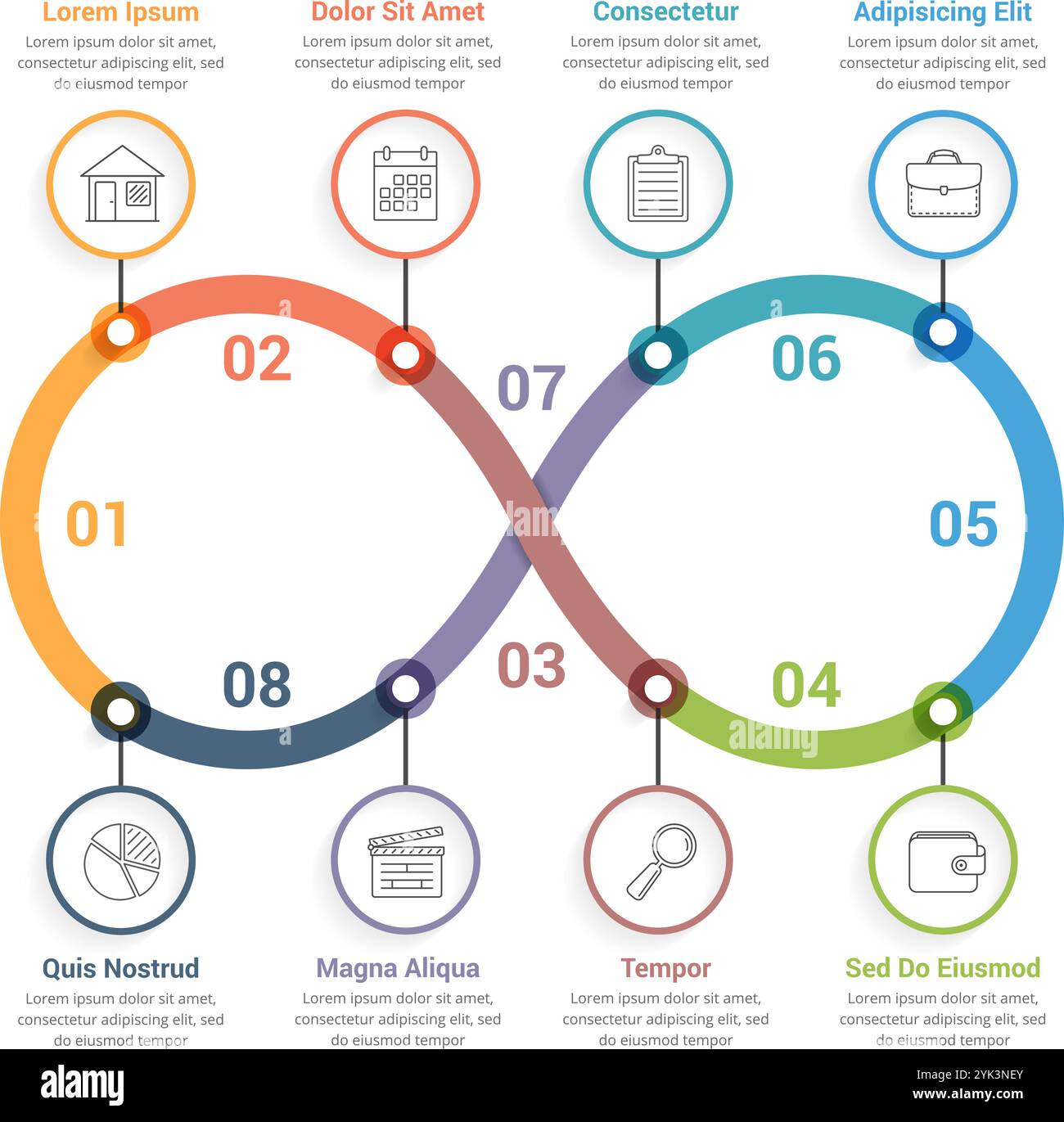 Process diagram with eight steps, infinity shape, workflow, steps ...