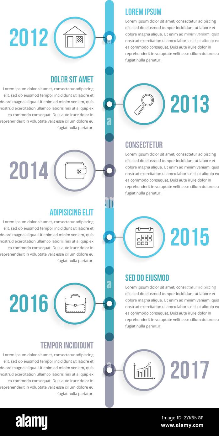 Vertical timeline infographics template with colorful circles, workflow or process diagram ...