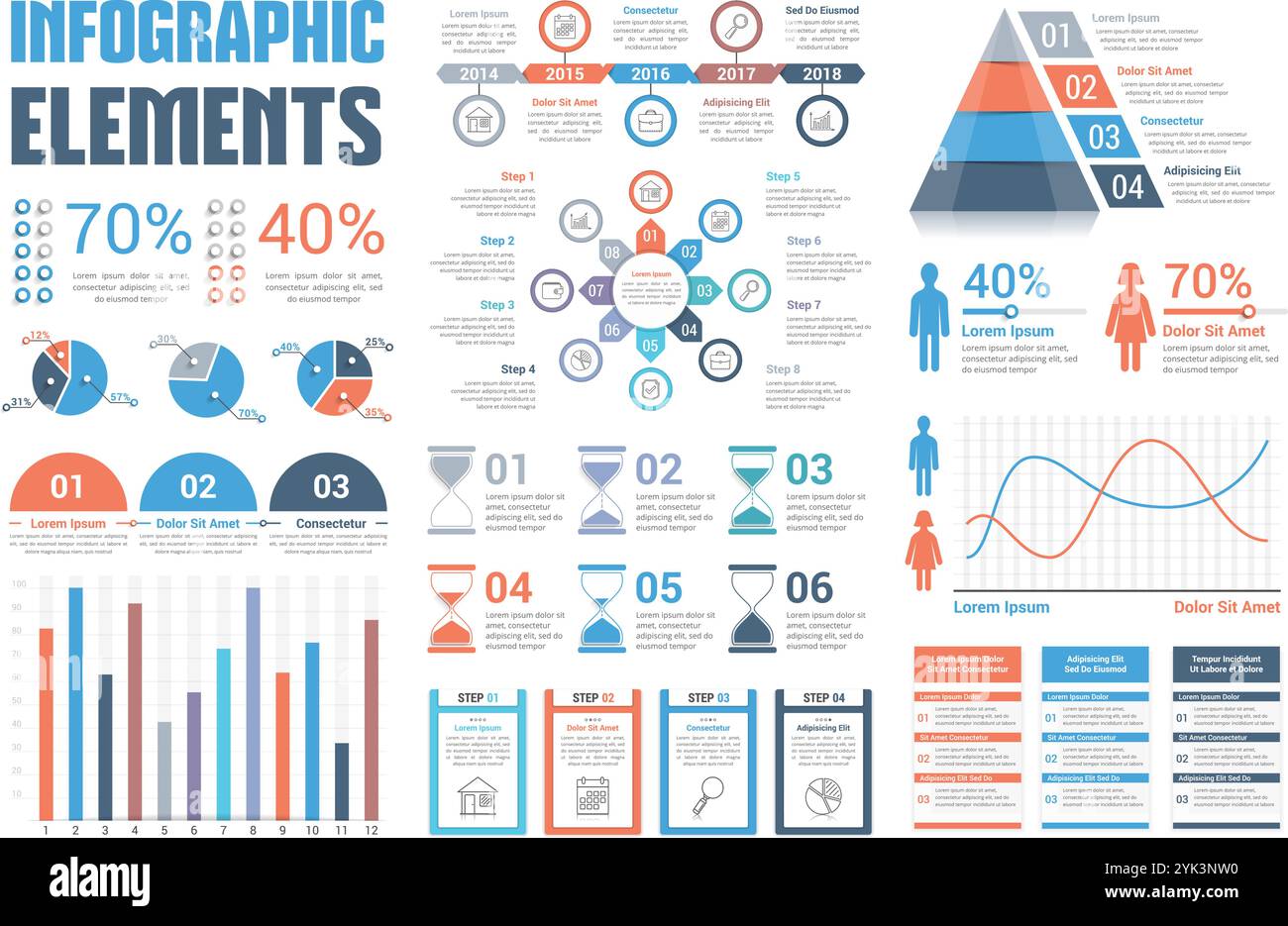 Infographic Elements - pie charts, timeline, percents, bar graph, line ...