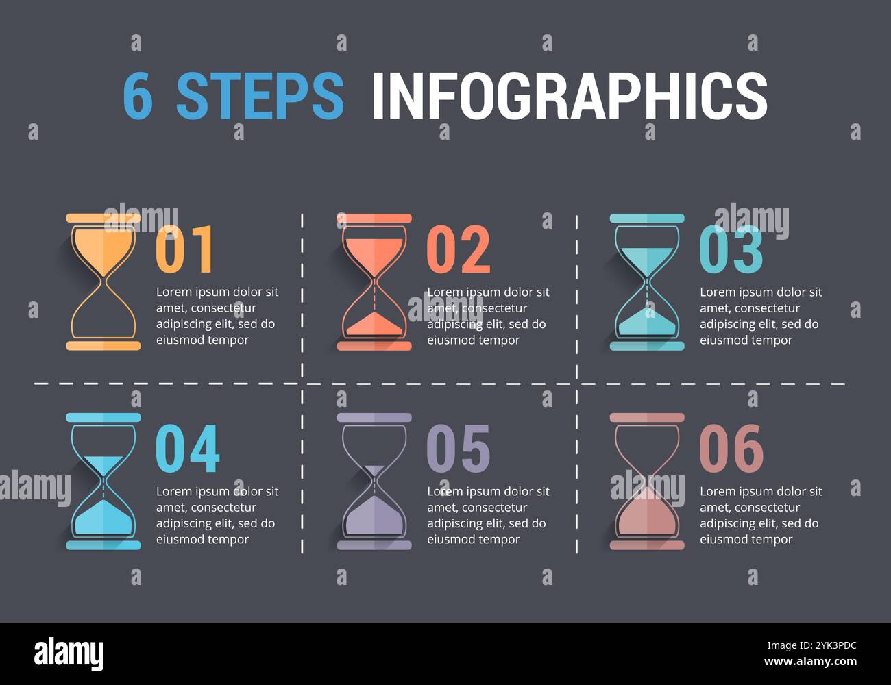 6 Steps infographics with hourglass, dark background, vector eps10 ...