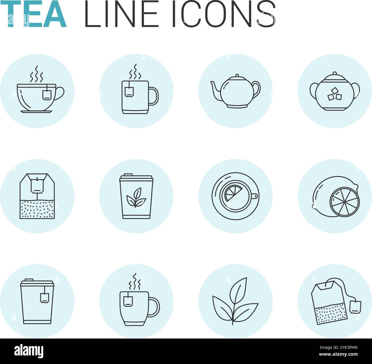 12 Tea line icons in circles - tea bags, tea cups and mugs, leaves ...