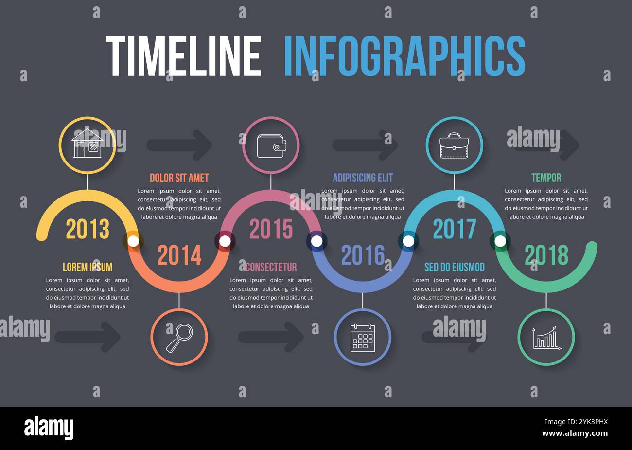 Timeline infographics template with colorful circles, workflow or ...