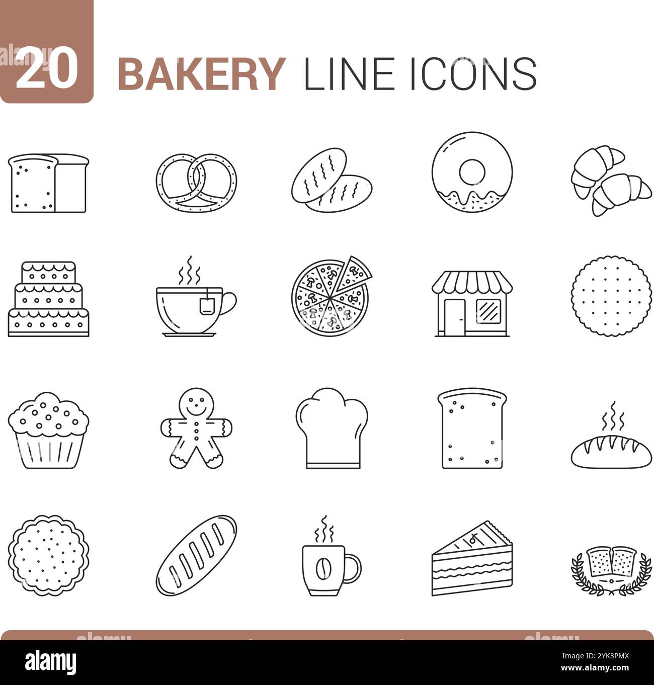 20 Bakery line icons - bread, pies, cookies, donuts and others, vector ...