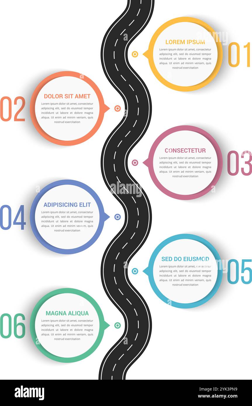 Road infographics with six pointers with place for your text, vector ...