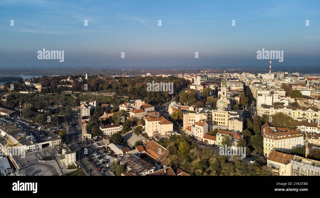 Ancient city houses in Belgrade aerial view. Densely populated urban ...