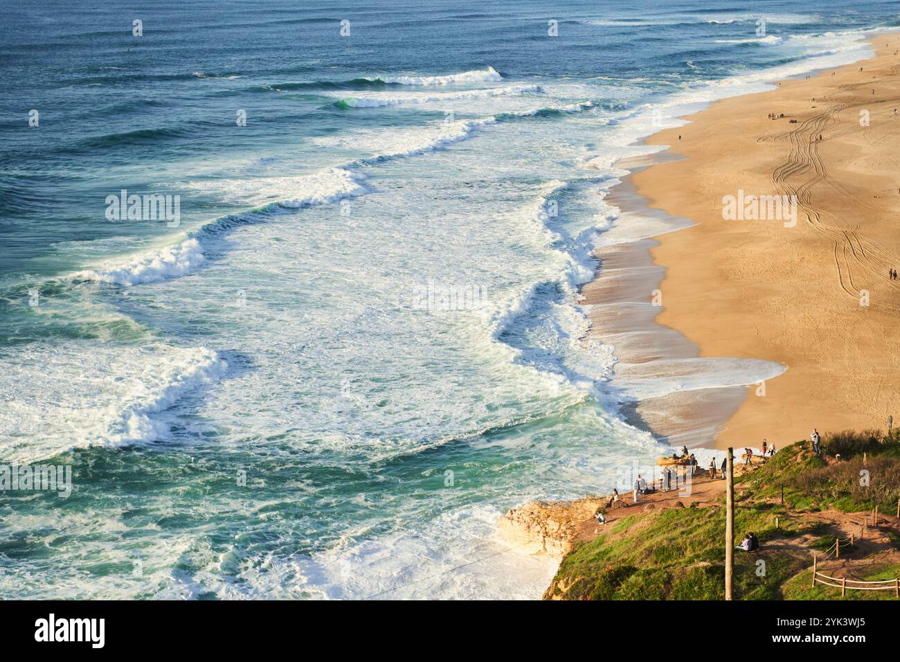 Coastal landscape from cliff, with ocean, beach, and lush greenery ...