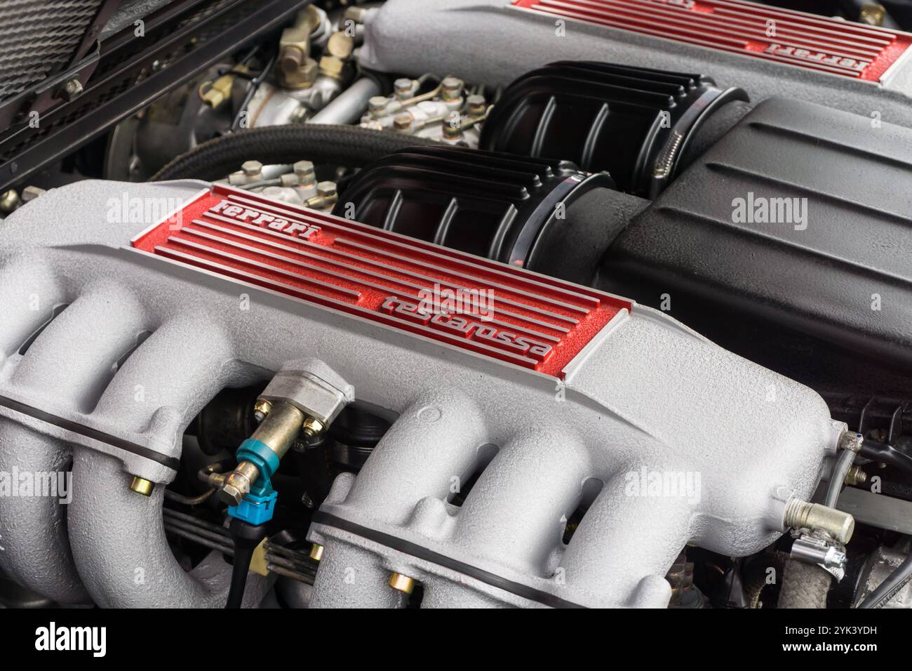 Close up detail of the Tipo F113 flat-12 engine in a rosso corsa red ...