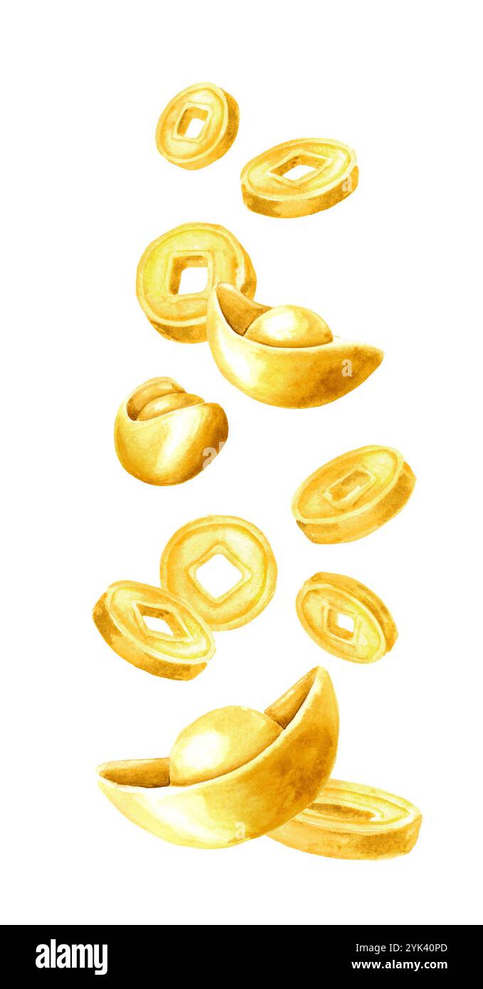 Chinese New Year gold ingots Yuan Bao witn golden coins. Symbol of ...